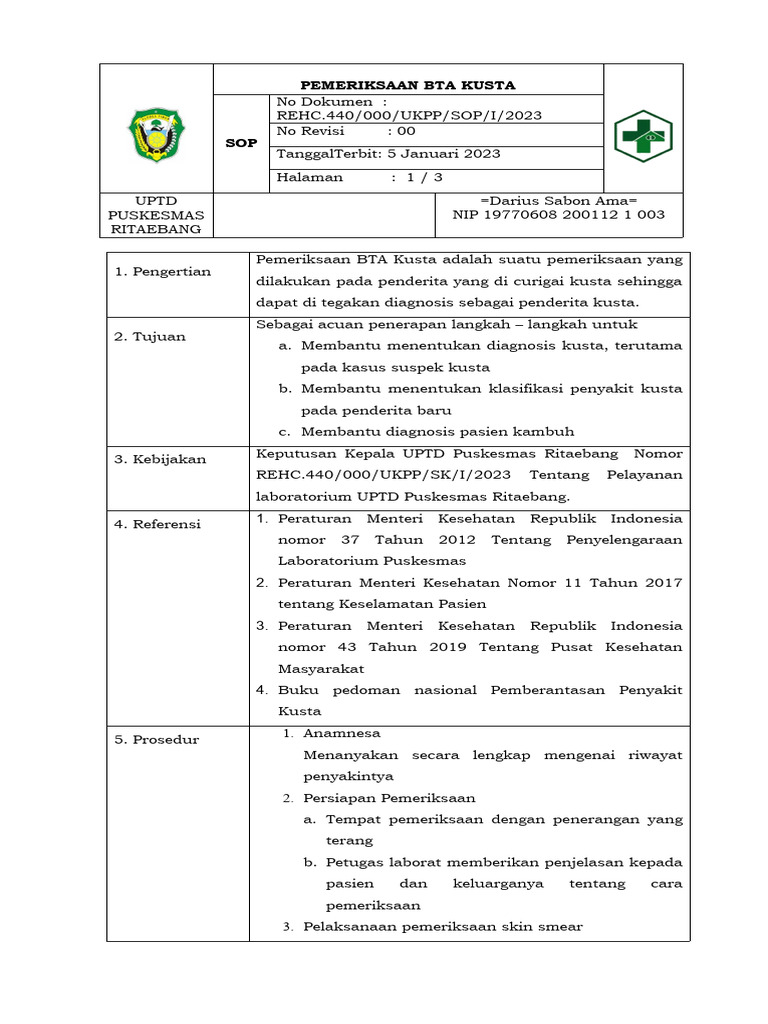 SOP PEMERIKSAAN BTA KUSTA | PDF