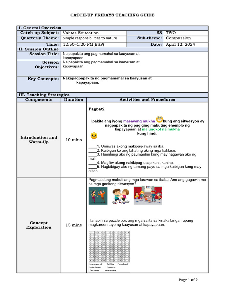 Grade2-Values Ed - Catch-Up Friday | PDF