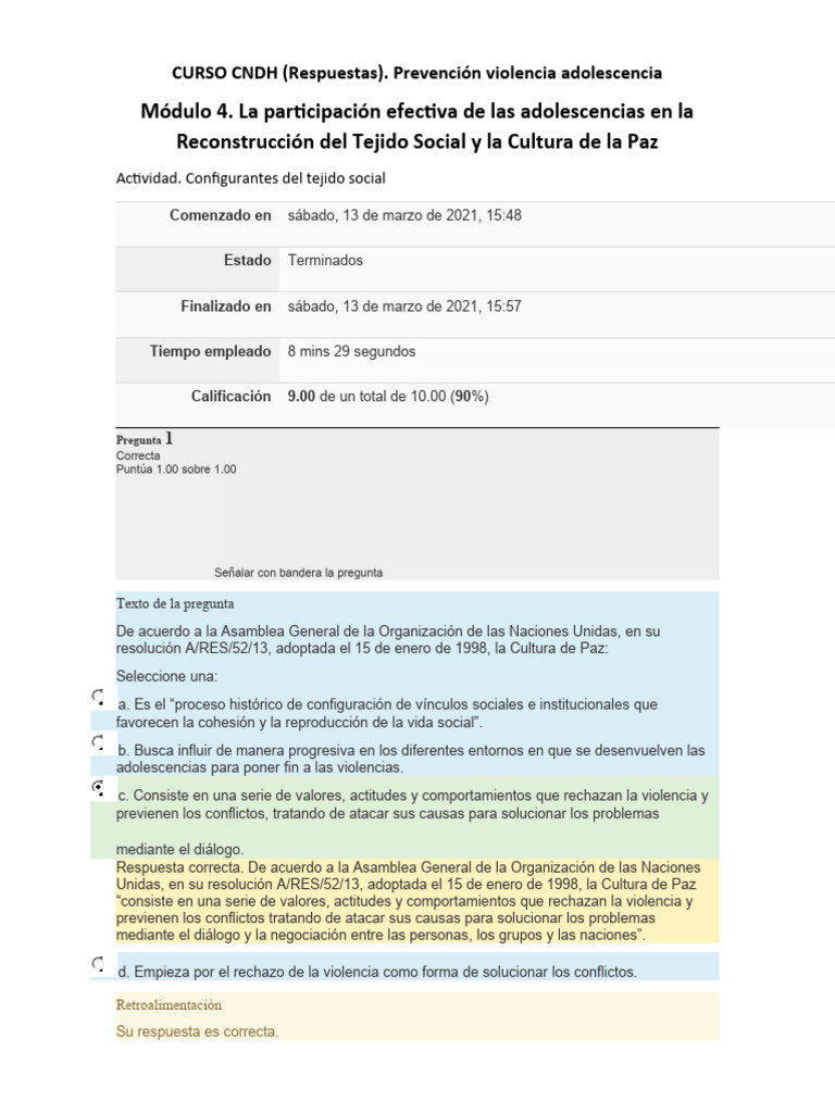 CURSO CNDH Modulo 4 Cuestionario Final Prevencion Violencia Adolescencia | PDF | Violencia ...