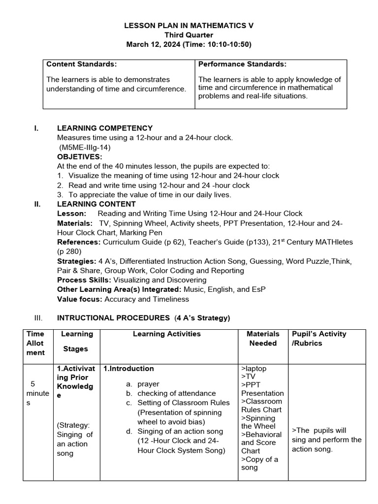 LESSON PLAN IN MATHEMATICS V 4 As | PDF | Learning | Lesson Plan