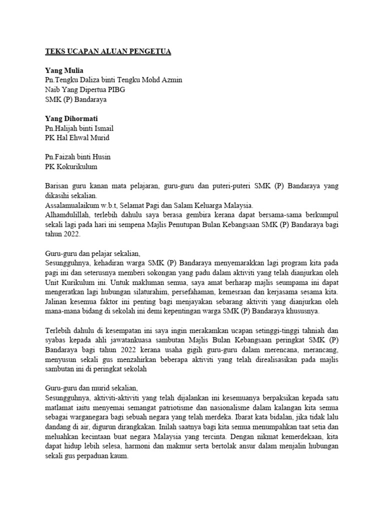 Teks Ucapan Aluan Pengetua Pdf 