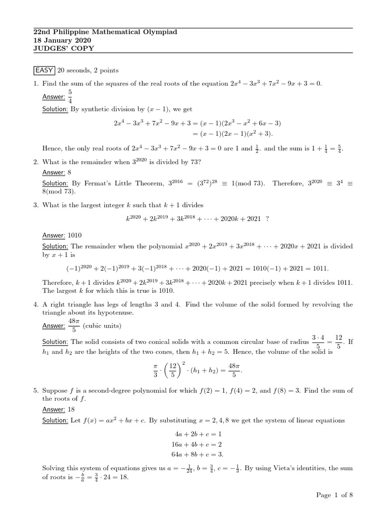 Philippine Math Olympiad 2020 Problems | PDF | Polynomial | Quadratic ...