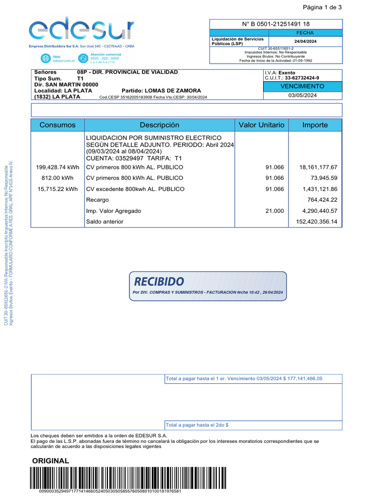 Vto 03.05.24 - Edesur S.A - Cta 3529497 | PDF | Cantidades fisicas ...