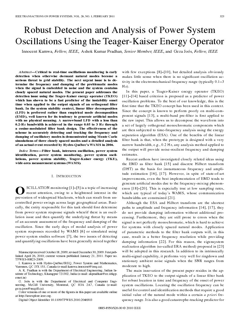 Robust Detection and Analysis of Power System Oscillations Using The Teager-Kaiser Energy ...