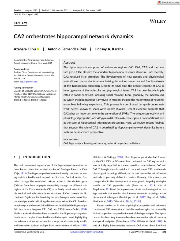 Hippocampus - 2022 - Oliva - CA2 Orchestrates Hippocampal Network ...