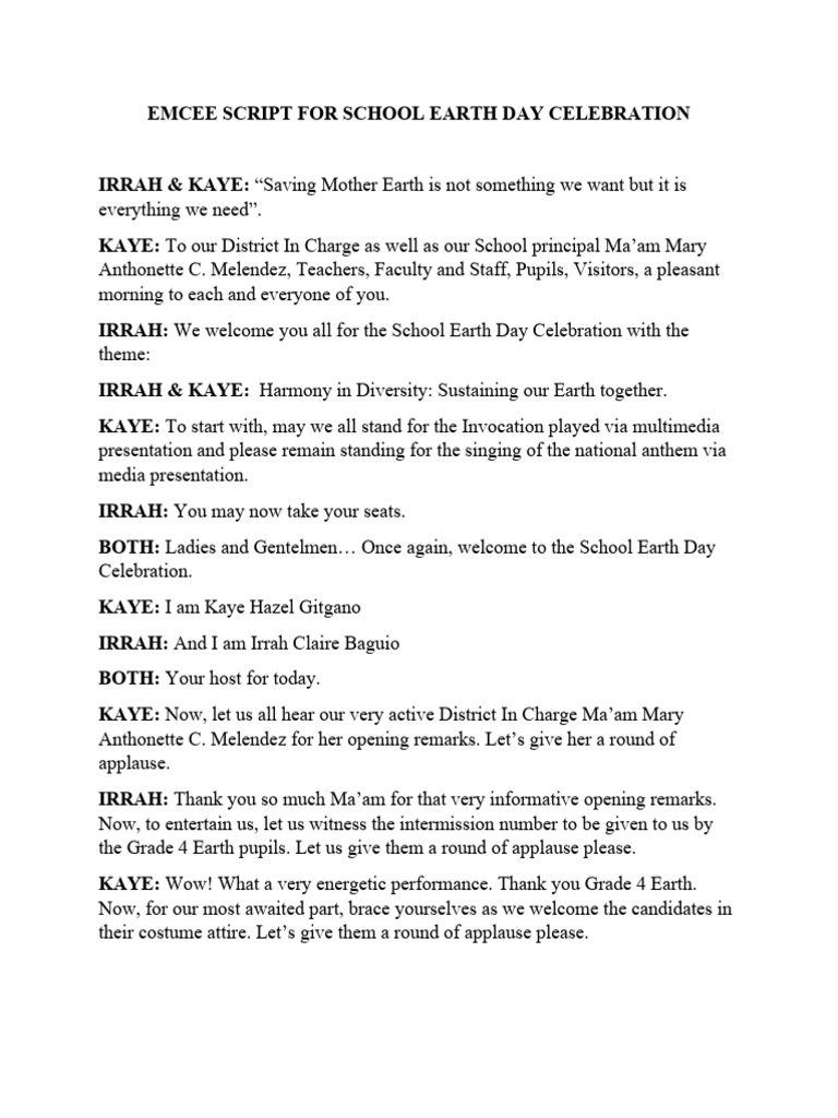 Emcee Script For School Earth Day Celebration | PDF