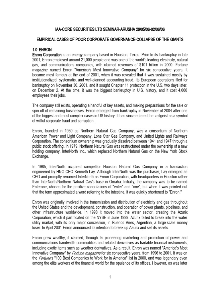 Empirical Cases of Poor Corporate Governance | PDF | Enron | Business
