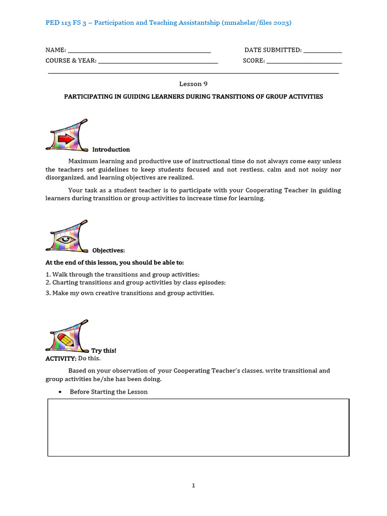 Lesson 9 Participating in Guiding Learners During Transitions or Group ...