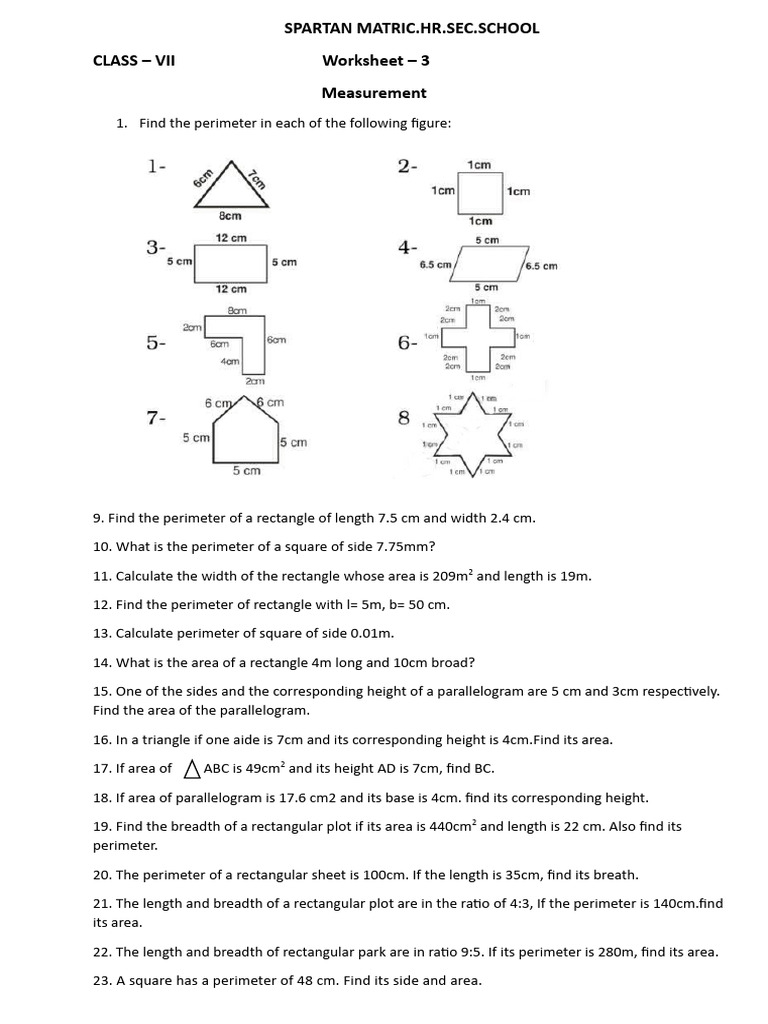 Worksheet - 3 Measurement | PDF | Area | Rectangle