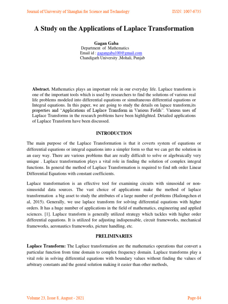 A Study On The Applications of Laplace Transformation | PDF | Laplace Transform | Equations