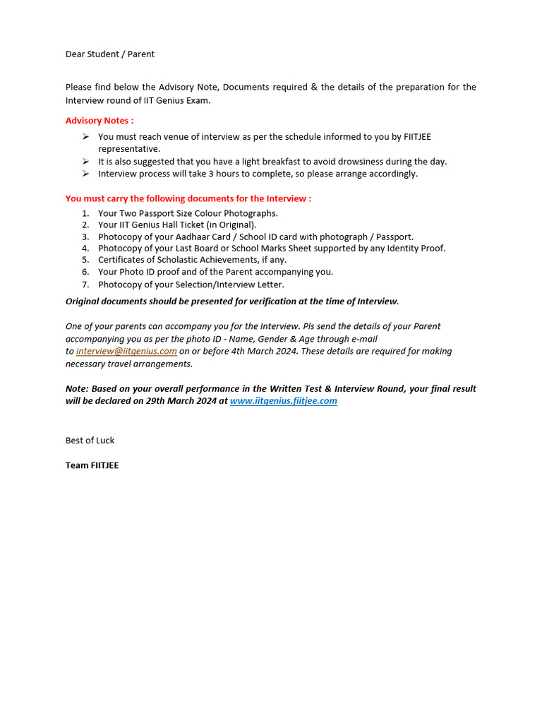 IIT Genius Exam Interview Guidelines | PDF | Business | Finance & Money ...