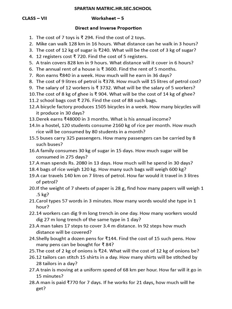 Worksheet - 5 Direct and Inverse Proportion | PDF
