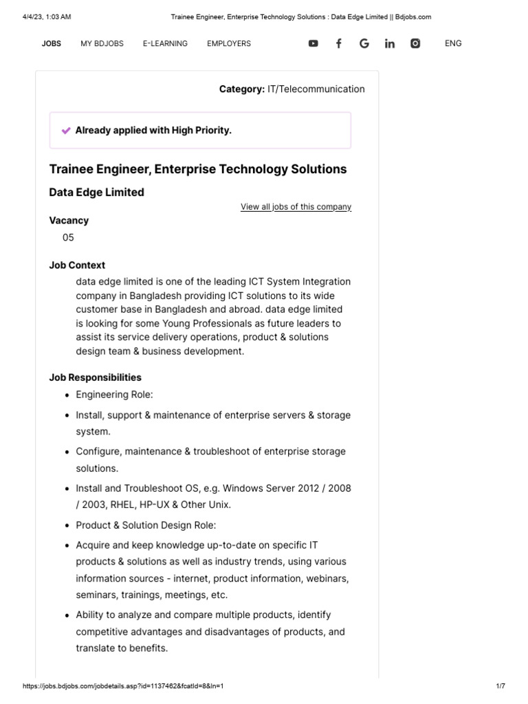 Trainee Engineer, Enterprise Technology Solutions - Data Edge Limited | PDF | Information And ...