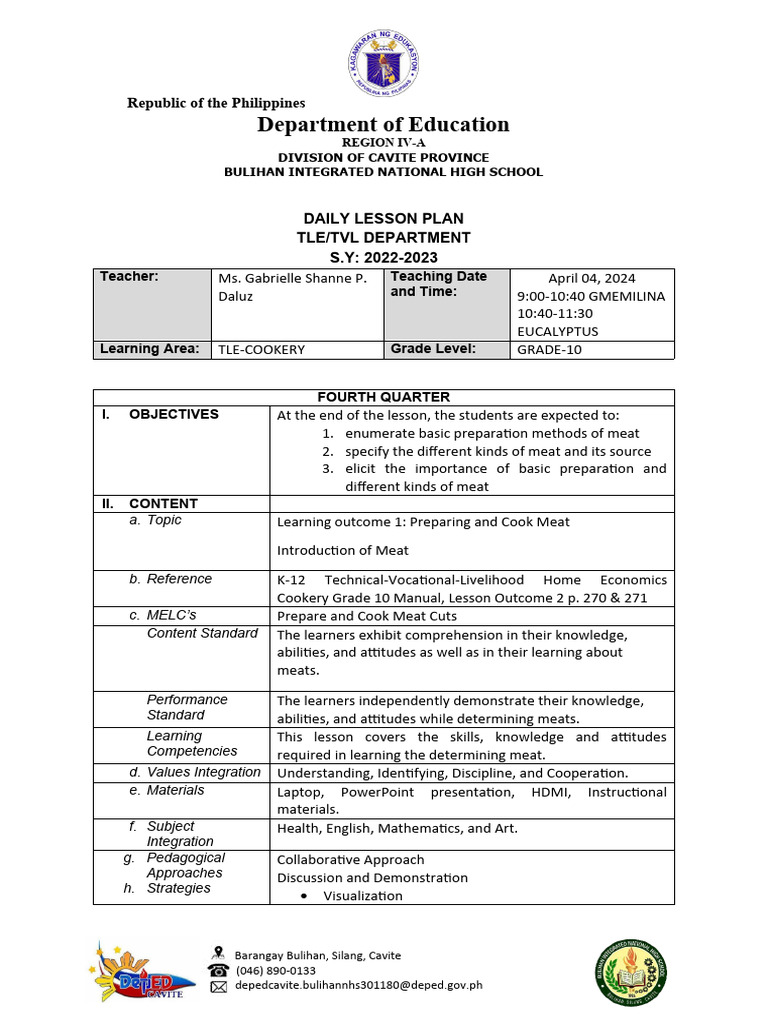 DLP Daluz Tle Cookery 4-4-24 | PDF | Learning | Cooking