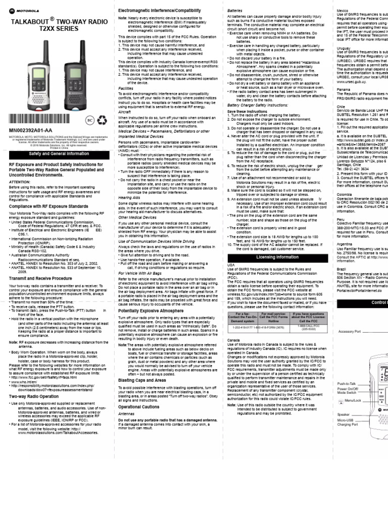 Manual de Usuario Motorola Talkabout T200 (2 Páginas) | PDF | Electromagnetic Interference | Radio