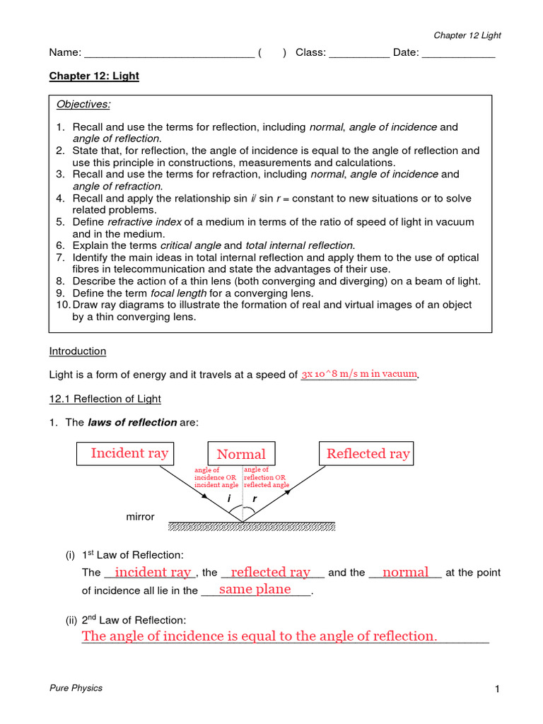 Chpt12-Light Notes Student | PDF | Refraction | Reflection (Physics)