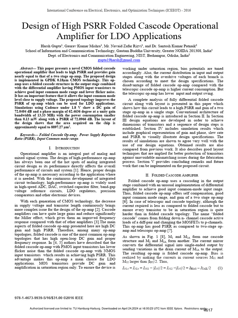 Design of High PSRR Folded Cascode Operational Amplifier For LDO Applications | PDF ...