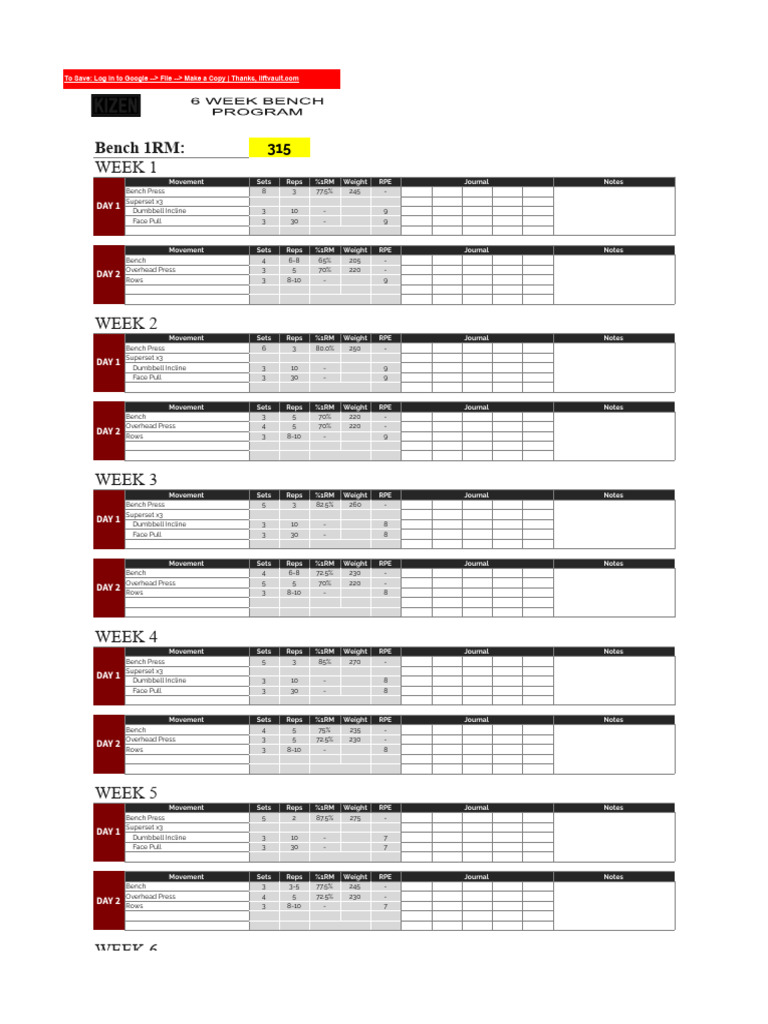 KIZEN 6 Week Bench Program | PDF | Management Of Obesity | Physical ...