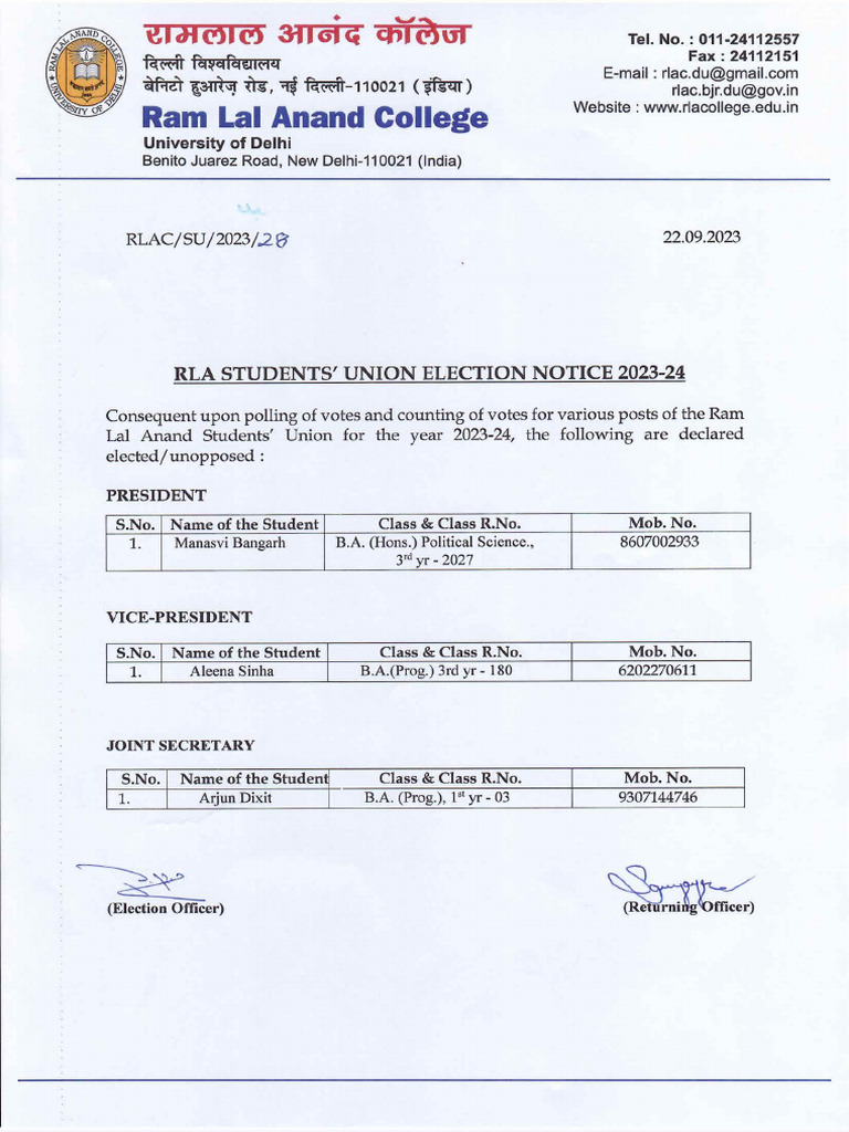 RLAC Student Union Election Final Result 2023-24 | PDF