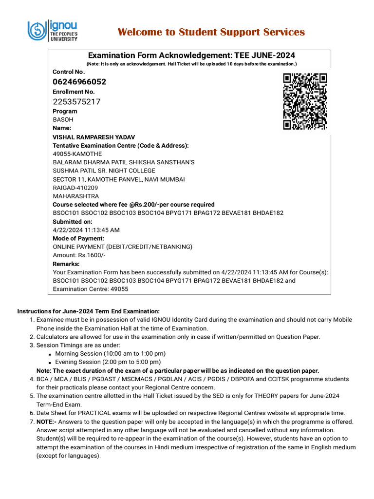 IGNOU__ Examination Form Acknowledgement | PDF | Payments | Banking ...