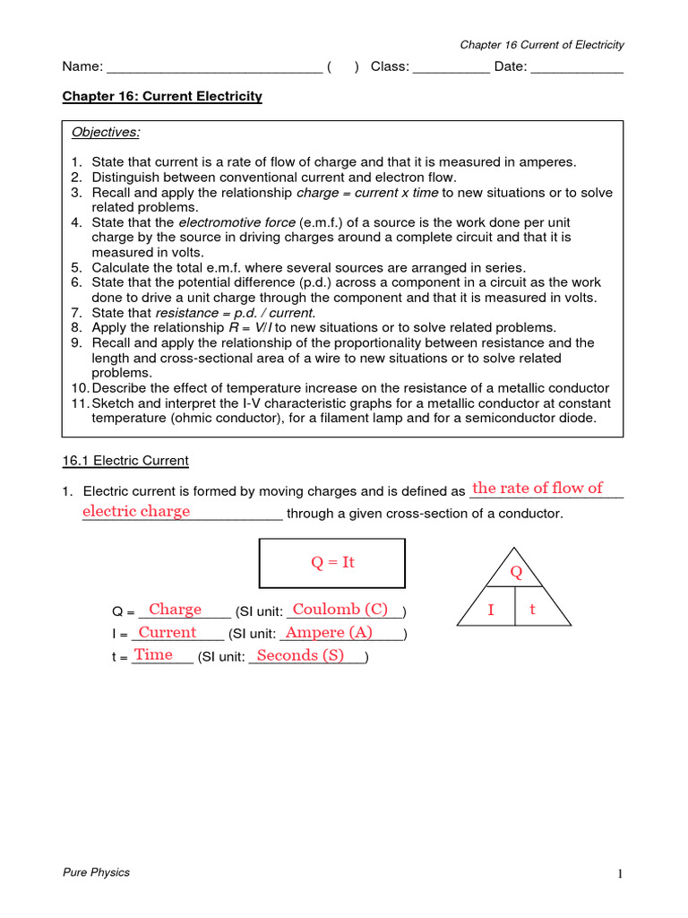 Chpt16- Current of Electricity Notes student 2024 | PDF | Voltage ...