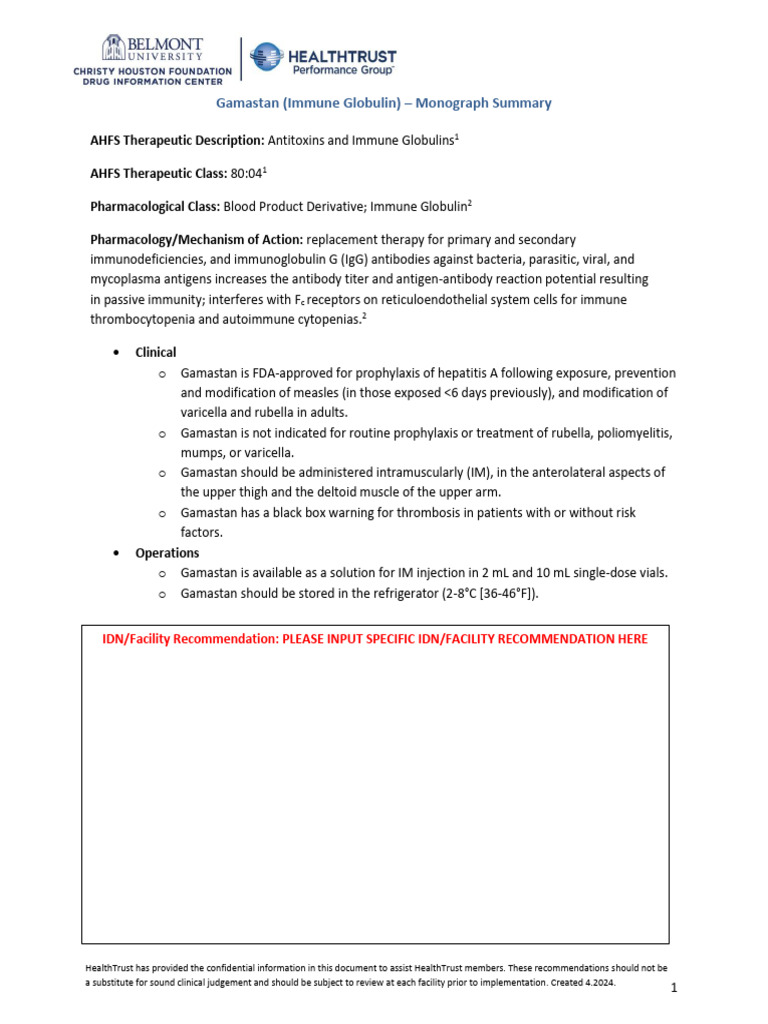 Gamastan (Immune Globulin) - Monograph Summary | PDF | Measles | Vaccines