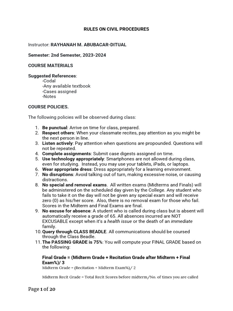2023 Civ Pro Syallabus and House Rules | PDF | Injunction | Pleading