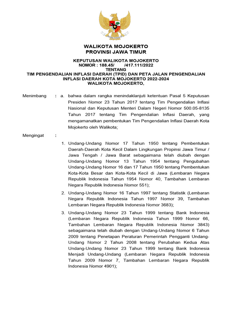 Surat Keputusan Walikota Mojokerto Tentang Tim Pengendalian Inflasi ... Surat Keputusan Walikota Mojokerto Tentang Tim Pengendalian Inflasi ...
