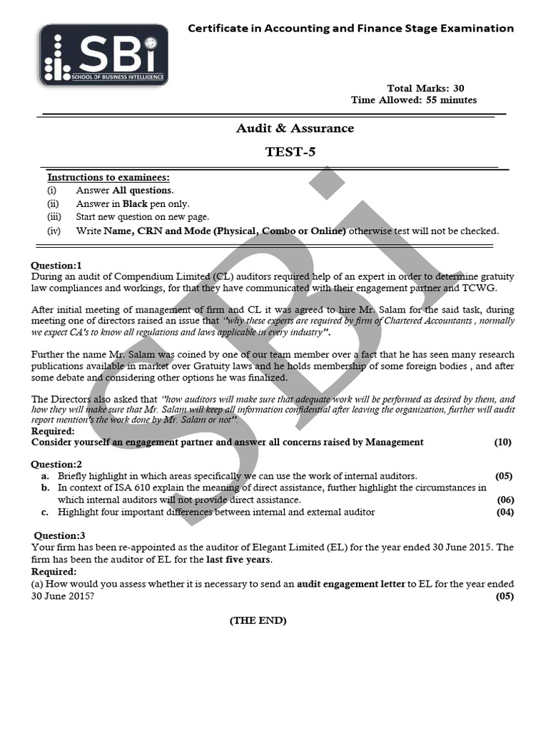 Audit Test 5 QP Ch#02 & 11 | PDF | Audit | Internal Audit