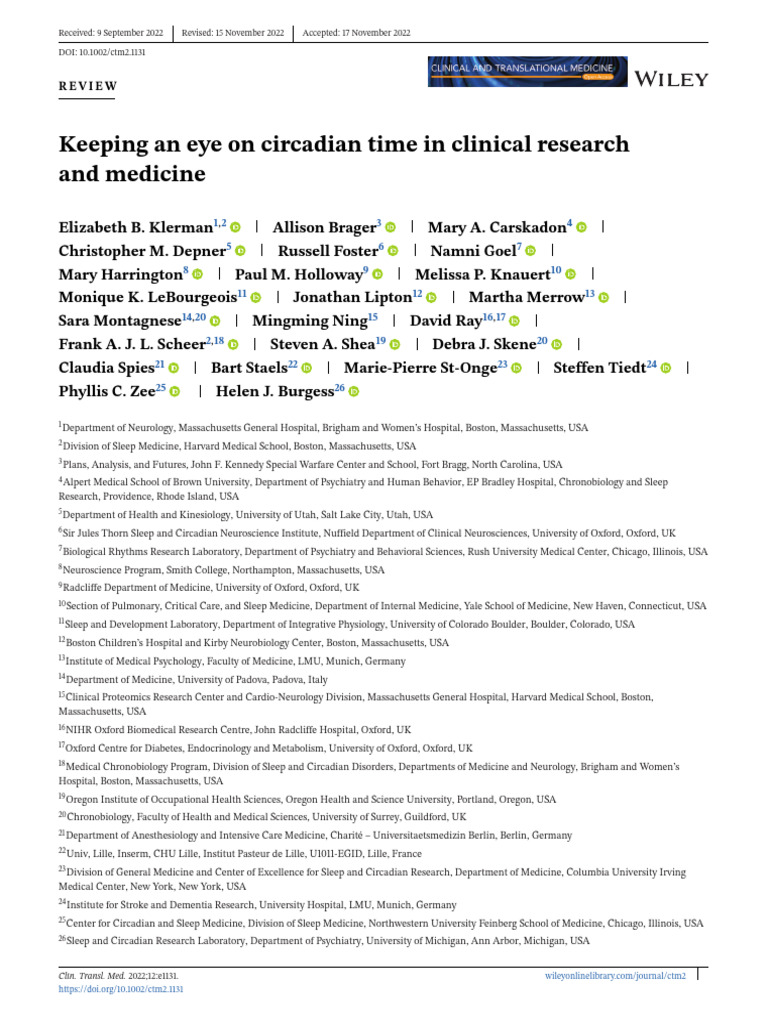 Clinical Translational Med - 2022 - Klerman - Keeping An Eye On Circadian Time in Clinical ...