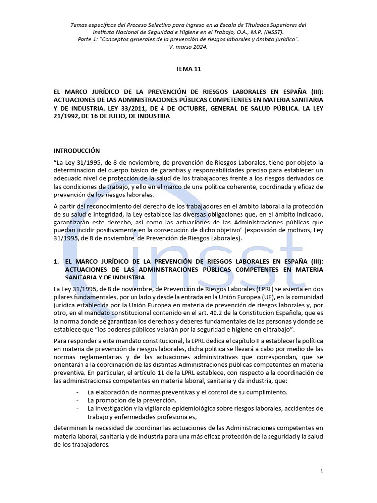 Tema 11. Marco Jurídico de La PRL (III) | PDF | Seguridad y salud ocupacional | Derecho laboral