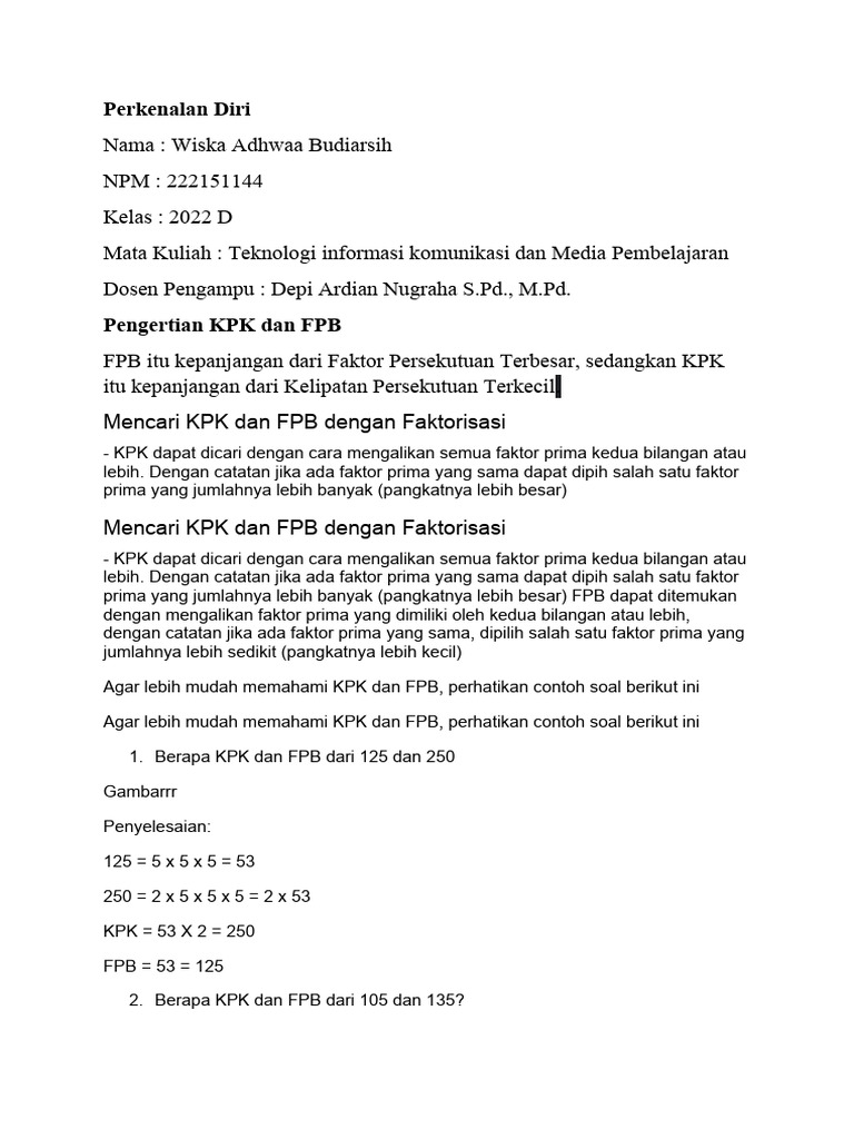 KPK dan FPB: Pengertian dan Contoh | PDF | Karier & Perkembangan ...