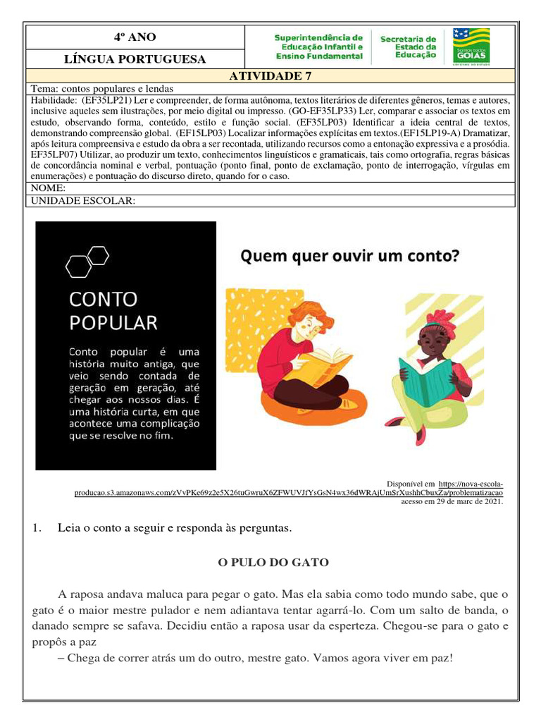 Atividade 7 Lingua Portuguesa Tema Contos Populares e Lendas 4o Ano 1 | Download grátis PDF ...