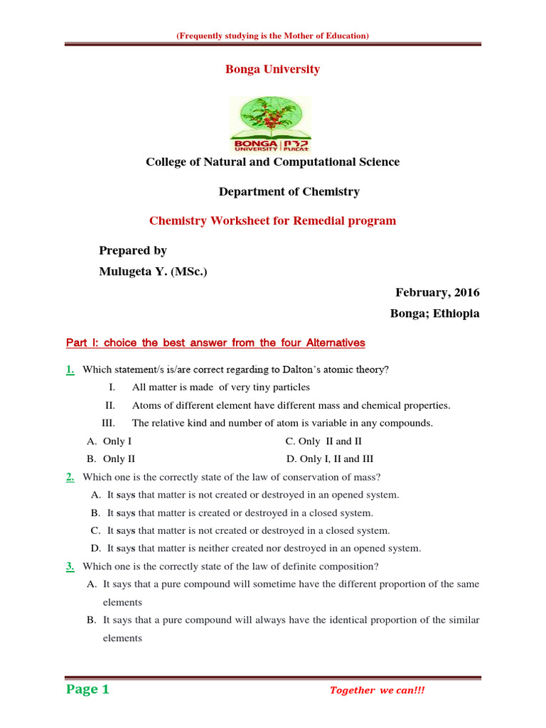 Remedial Chemistry Worksheet 2016 | PDF | Atomic Orbital | Chemical Bond