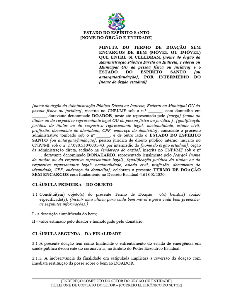 TERMO DE DOAÇÃO - Bens Móveis e Imóveis - Decreto 4618-R - Modelo ...