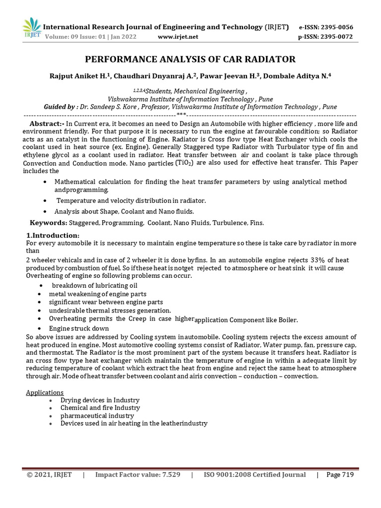 Performance Analysis of Car Radiator | PDF | Radiator | Heat Transfer