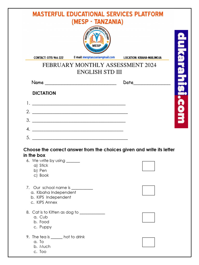 Standard Three English Assessment 2024 | PDF