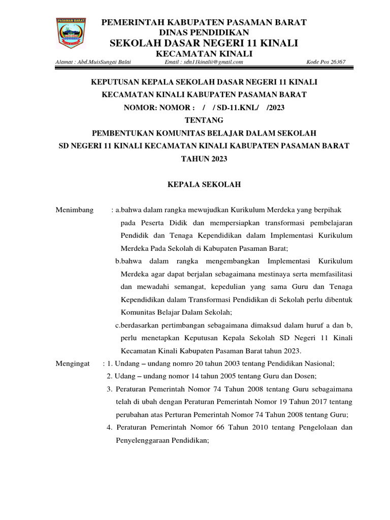 Pembentukan Komunitas Belajar SD 11 Kinali | PDF