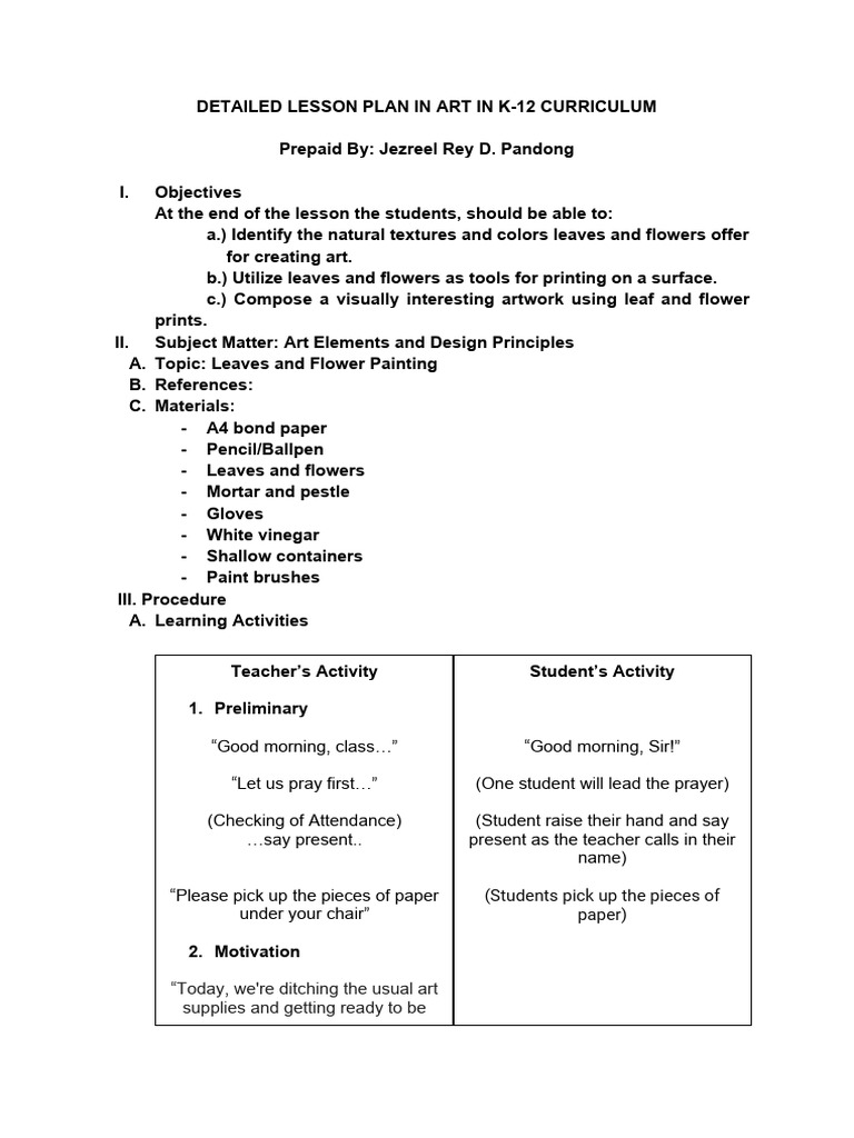 Detailed Lesson Plan in Art in K-12 Curriculum | PDF | Paint | Pigment