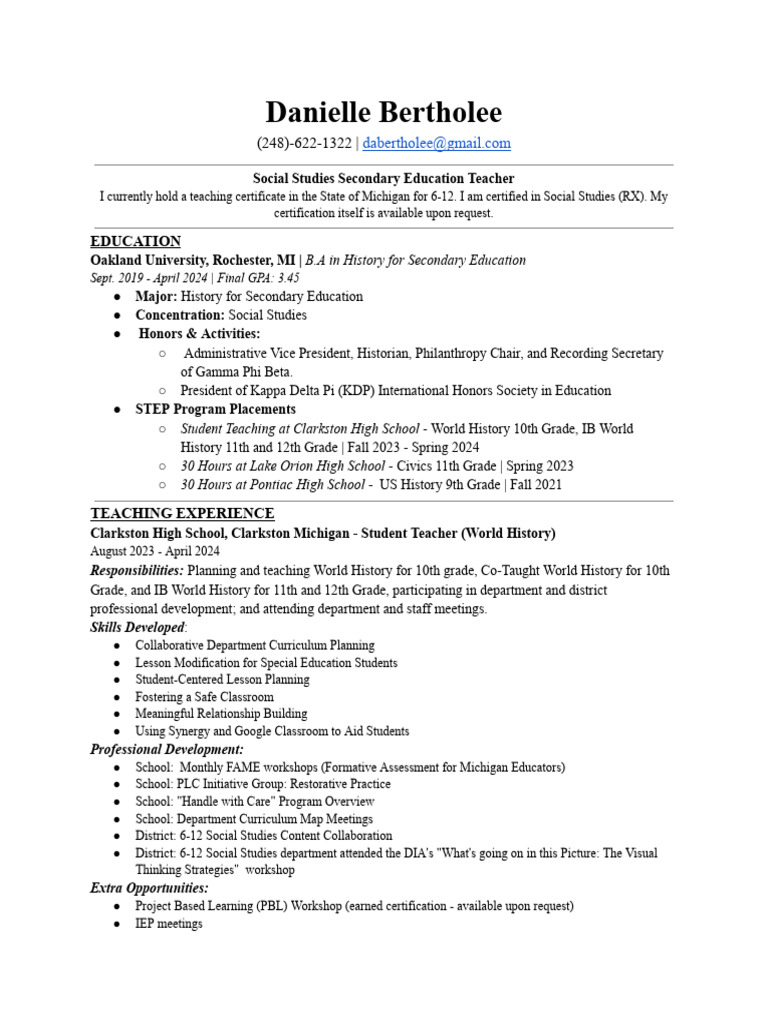 Resume Danielle Bertholee - Spring 2024 2 | PDF | Behavior Modification | Learning