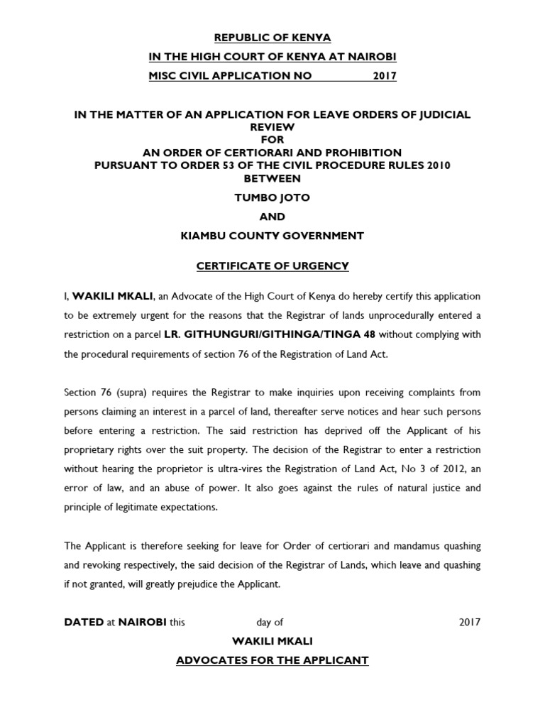Judicial Review Leave Application Kenya | PDF | Certiorari | Mandamus