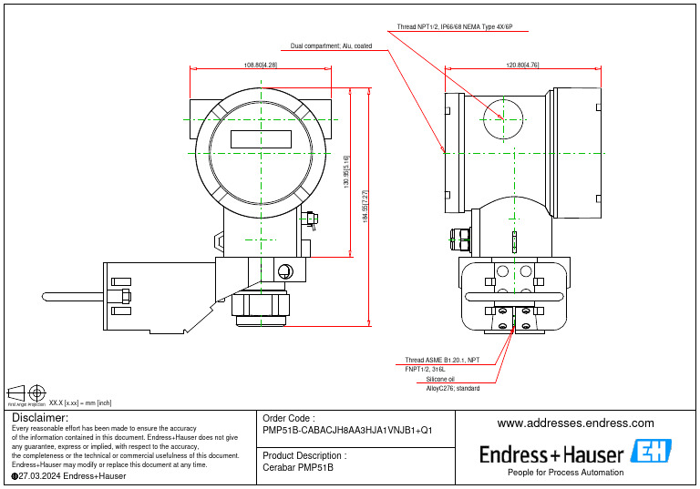 PMP51B CABACJH8AA3HJA1VNJB1+Q1 Endress+HauserConsultAG 2DDrawing 03 27 ...