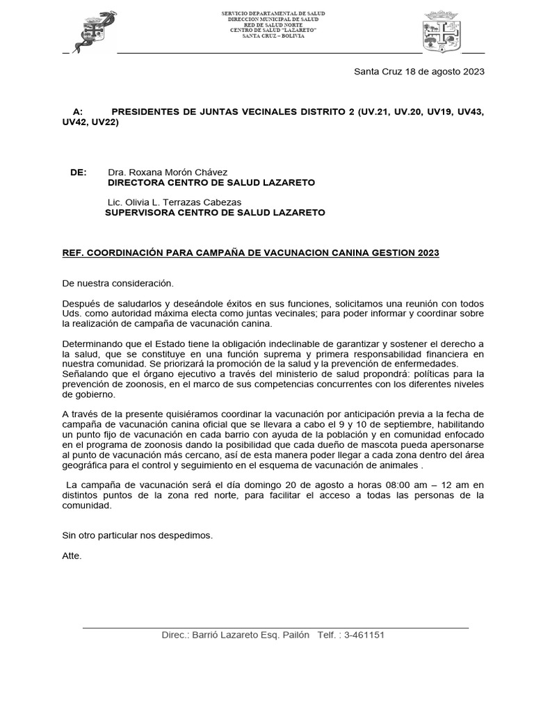 CARTA JUNTA VECINAL CAMPANA VACUNACION CANINA 2023 | PDF