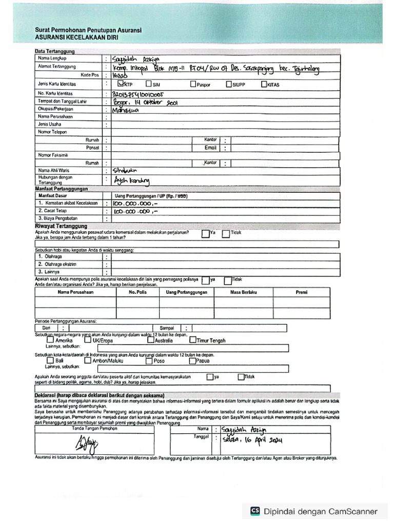 Form Asuransi - Sayyidah Azkiya | PDF
