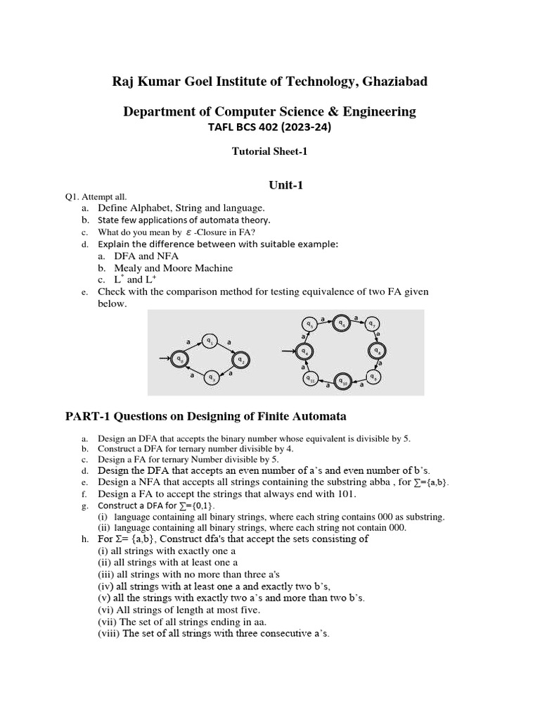 Tafl Tutorial Sheet 1 Pdf Theory Of Computation String Computer Science 