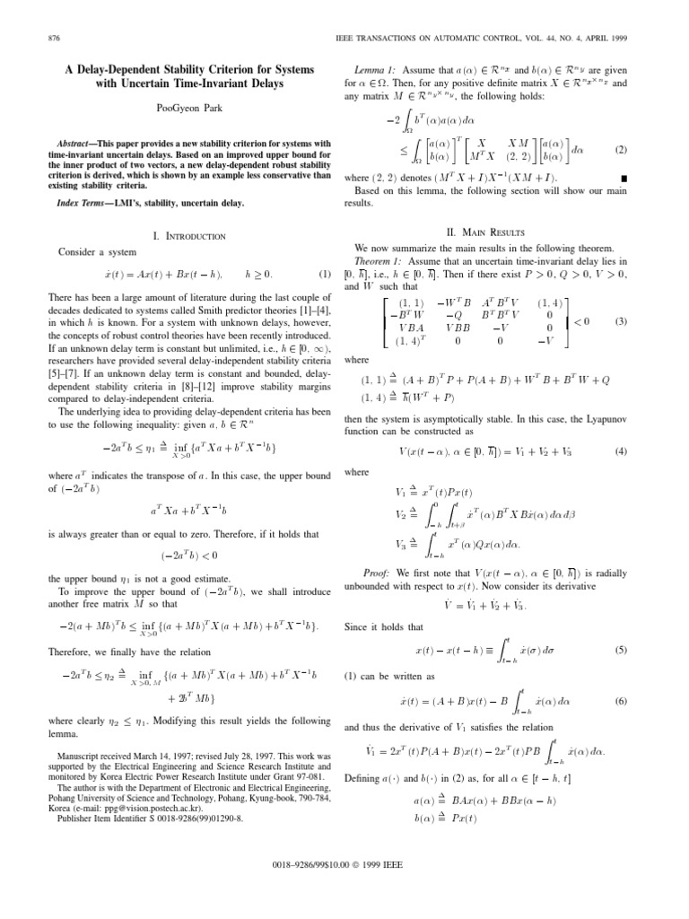 A Delay-Dependent Stability Criterion For Systems by PooGyeon Park | PDF | Linear Algebra | Algebra