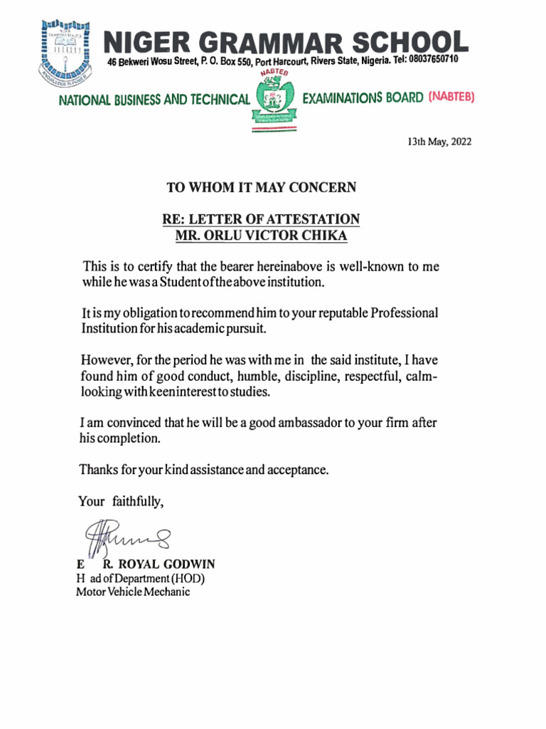 Attestation Letter for Orlu Victor Chika | PDF