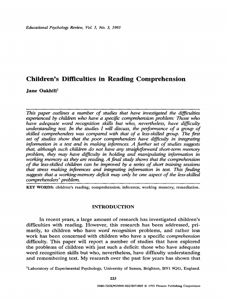 5-Children - S Difficulties in Reading Comprehension | PDF | Reading Comprehension | Working Memory
