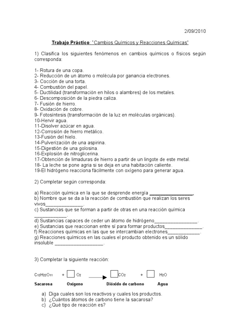 Guía de Ejercicios Cambios Químicos | PDF | Tecnología