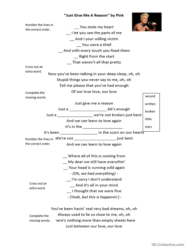 Song - Just Give Me A Reason (Pink) | PDF